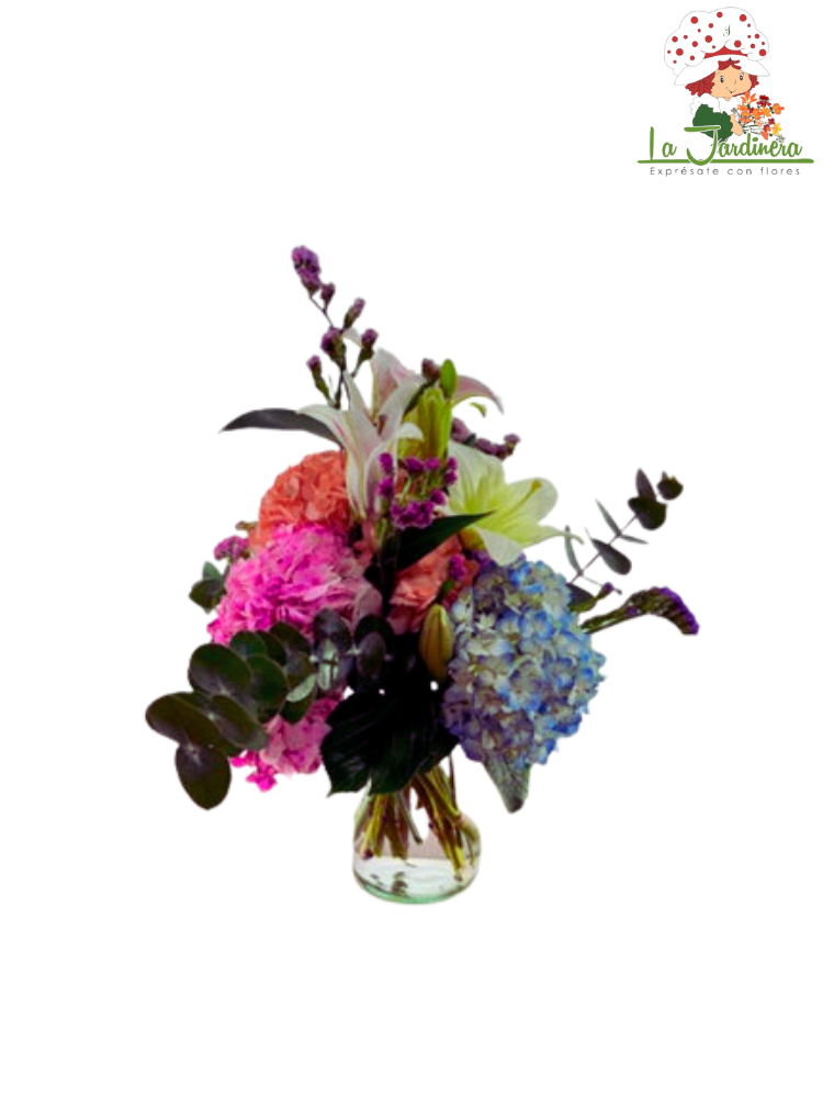 Mini florero. Hortencias y lirios - Floristería La Jardinera
